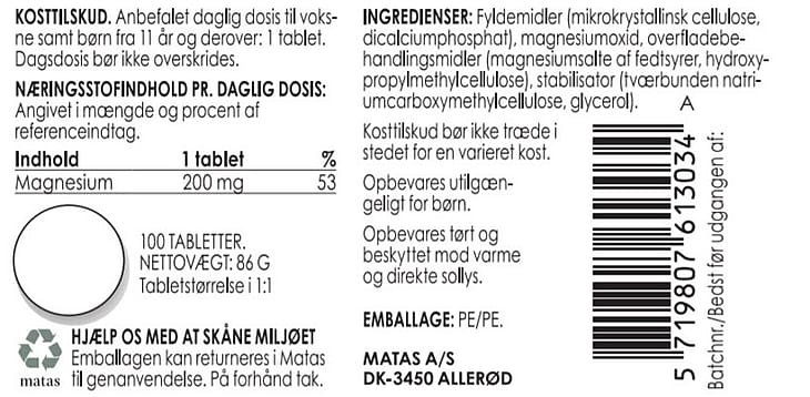 Køb Matas Striber Magnesium 200 mg 100 tabl - Matas