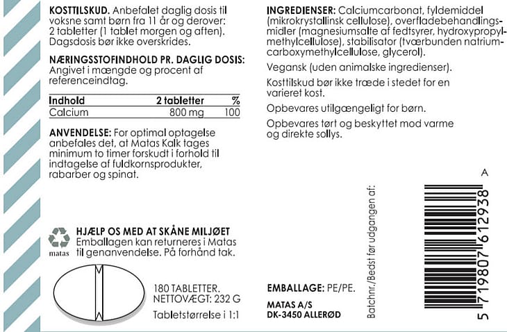 Køb Kalk 400 mg 180 tabl. fra Matas Striber - Matas